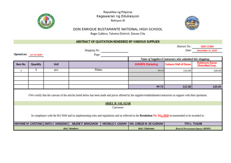 Abstract of Quotation Form - SHS - NOv2020-REPEAT ORDER | PDF