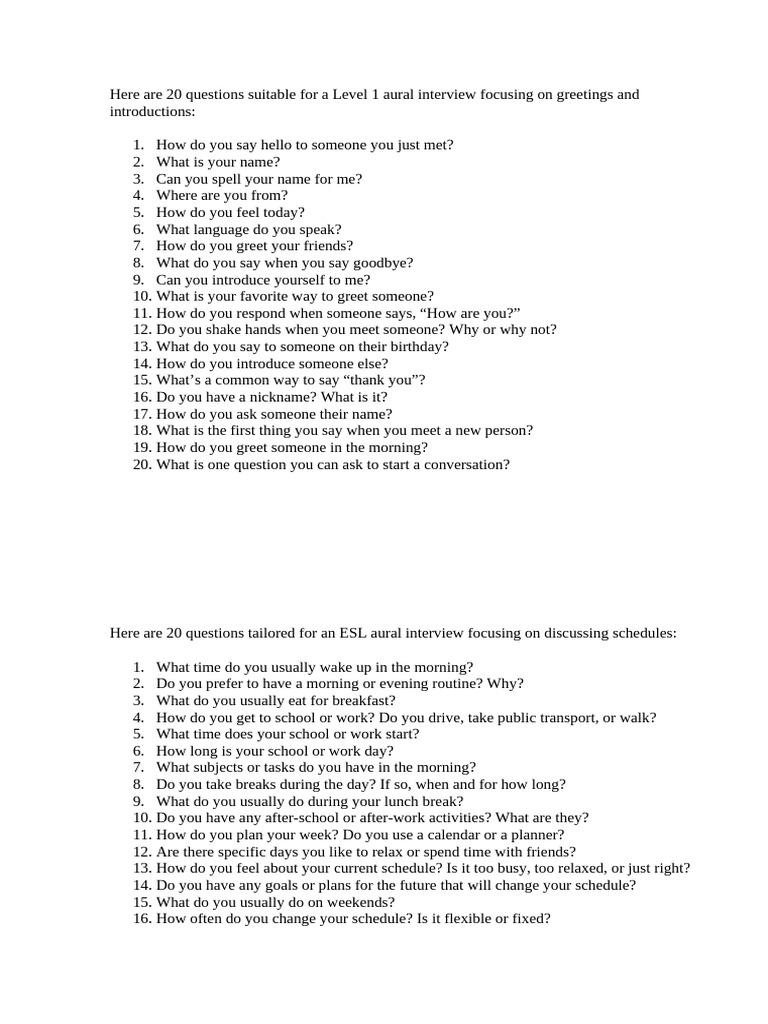 Here Are 20 Questions Tailored For An ESL Aural Interview Focusing On ...