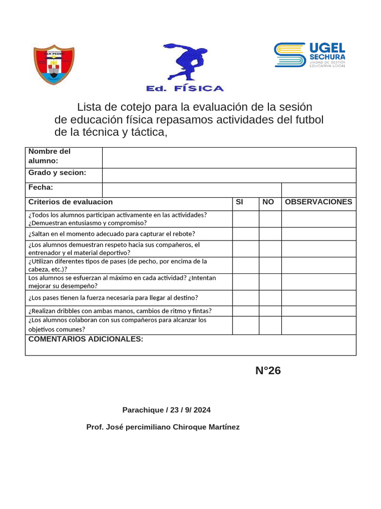 Lista de cotejo de ed.fisica 4to N°26 | PDF | Defensor (Asociación de Fútbol) | Juegos de pelota
