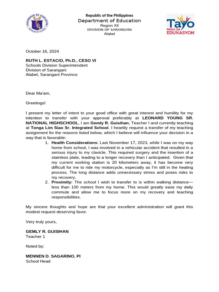 INTENT LETTER FOR TRANSFER | PDF