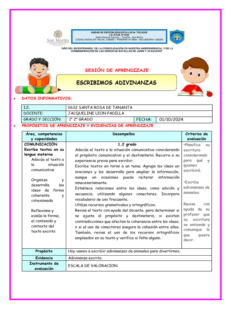Sesion de Como Escribimos Adivinanzas 2 de Octbre | PDF | Aprendizaje | Evaluación