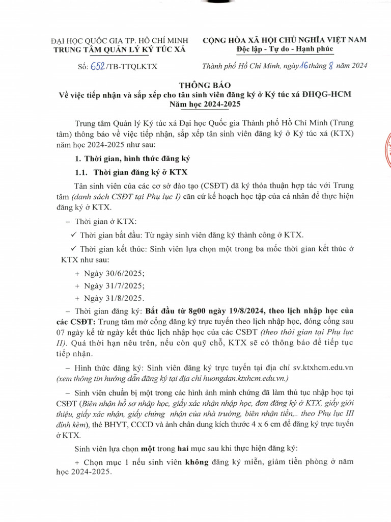 652-TB Tiep Nhan Va Sap Xep Cho Tan Sinh Vien Dang Ky o KTX NH 2024-2025 | PDF