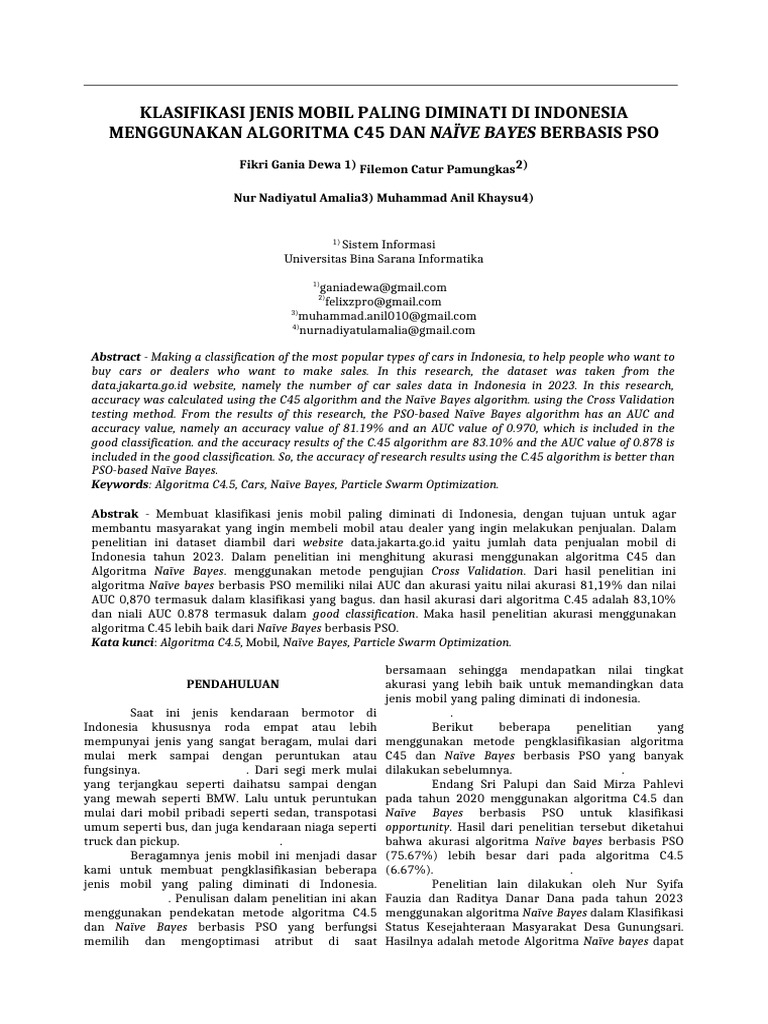 Jurnal Psi S5 Kelompok 2 - 'Klasifikasi Jenis Mobil Algoritma C45 Dan Naïve Bayes Pso' | PDF ...