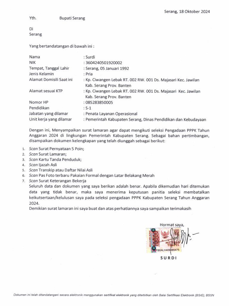 Surat Lamaran PPK 2024 | PDF