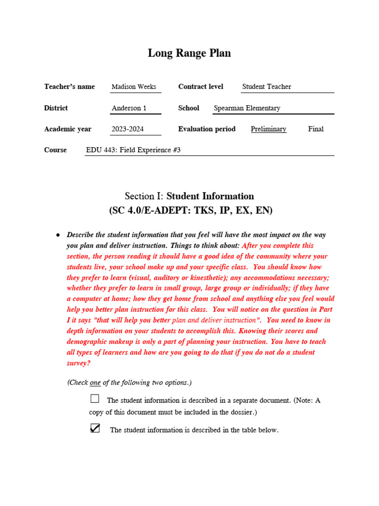 Pre-Clinical - Long Range Plan | PDF | Classroom Management | Literacy