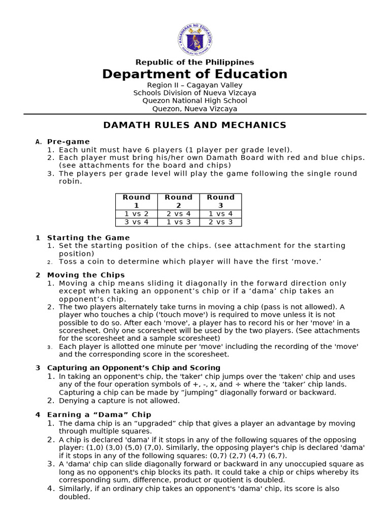Intrams 2024 Damath Rules | PDF