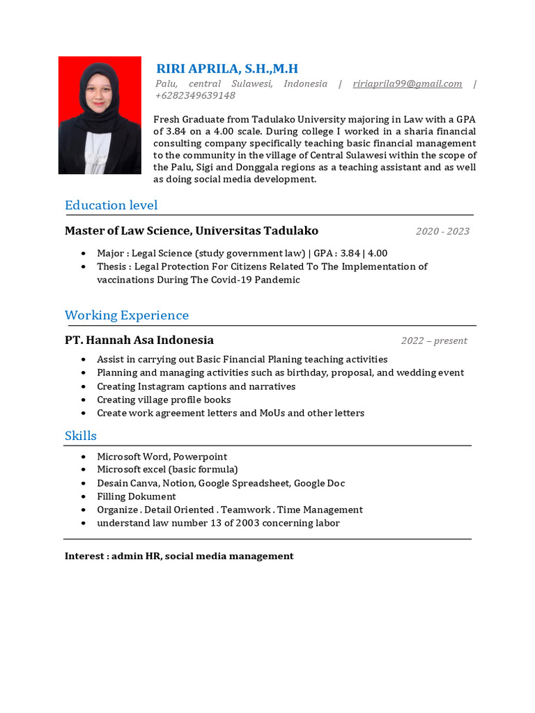 CV Riri Aprilia 1709434880 | PDF | Career & Growth | Wellness