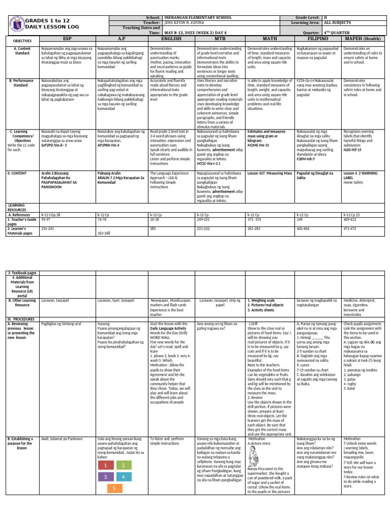 DLL - All Subjects 2 - Q4 - W2 - D4 | PDF