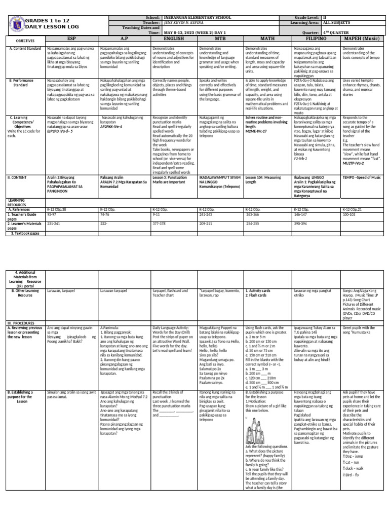 DLL - All Subjects 2 - Q4 - W2 - D1 | PDF