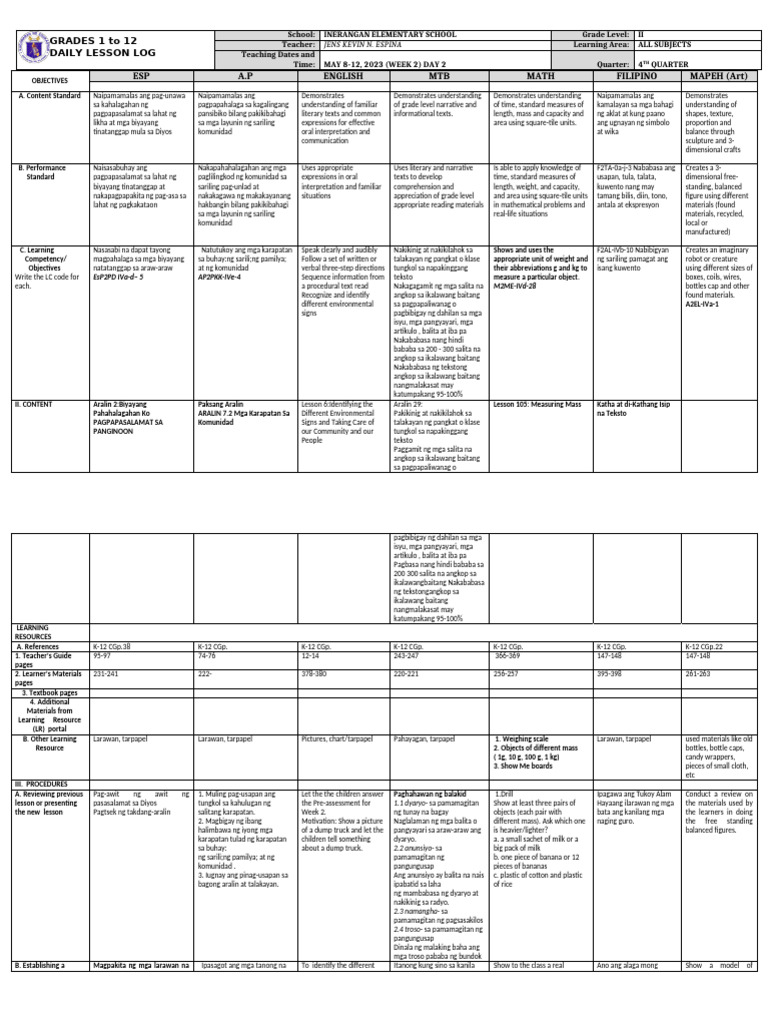 DLL - All Subjects 2 - Q4 - W2 - D2 | PDF