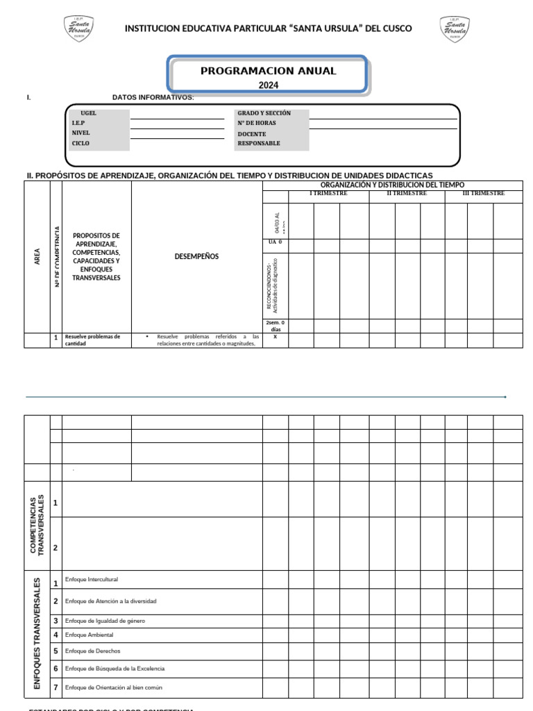 Programación Anual 2024 Santa Úrsula Cusco | PDF | Aprendizaje