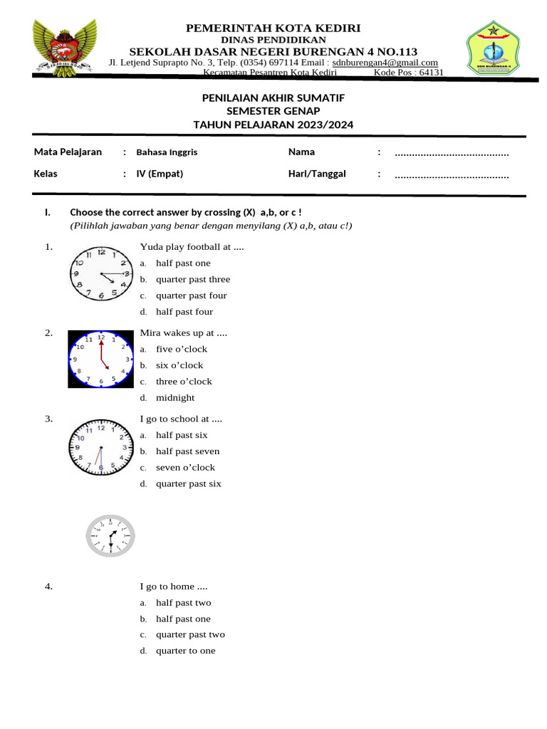 PAT Bhs. Inggris - Kelas 4 | PDF