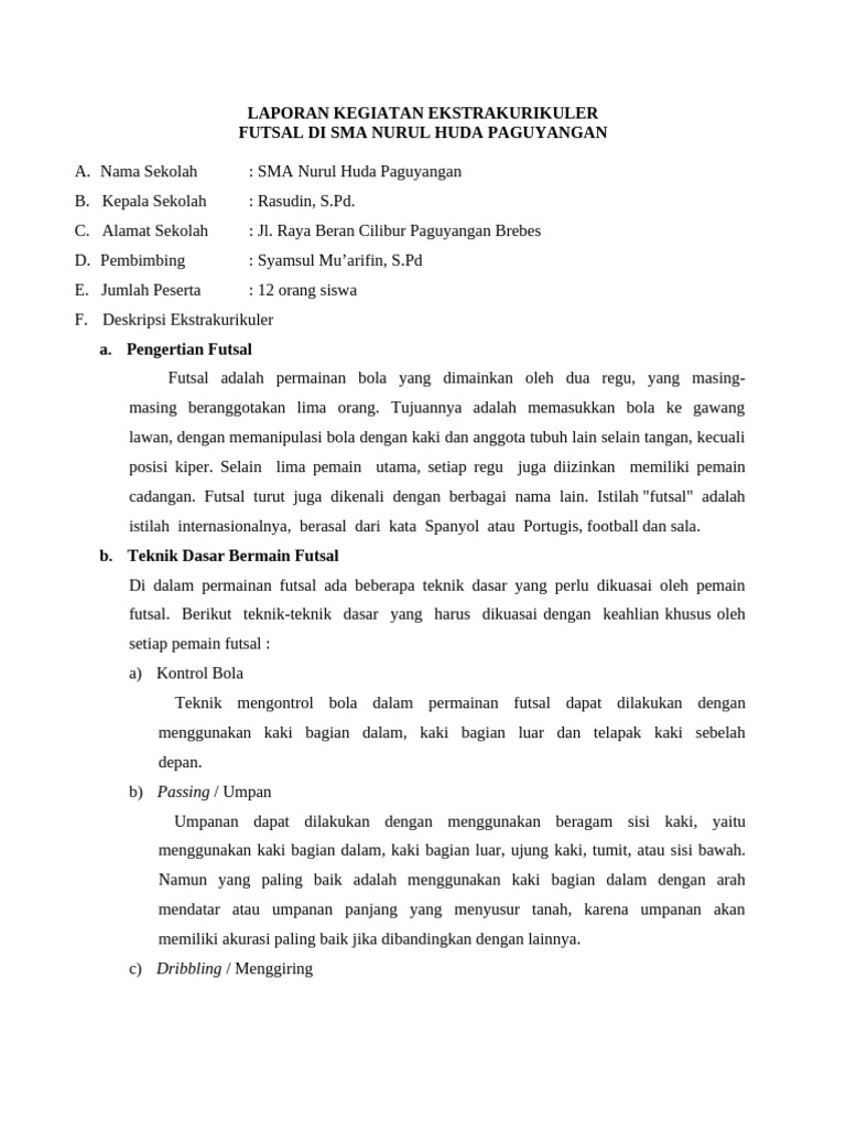 LAPORAN KEGIATAN EKSTRAKURIKULER Futsal | PDF