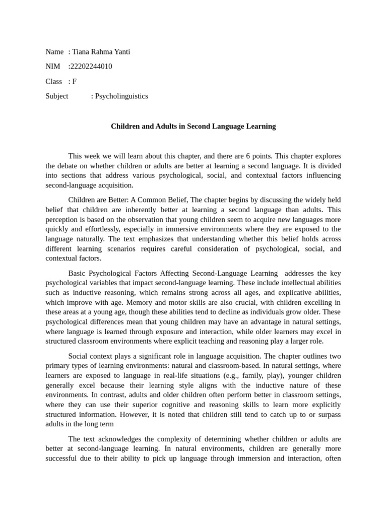 Tiana Rahma Yanti - Childrens and Adult | PDF | Second Language Acquisition | English As A ...