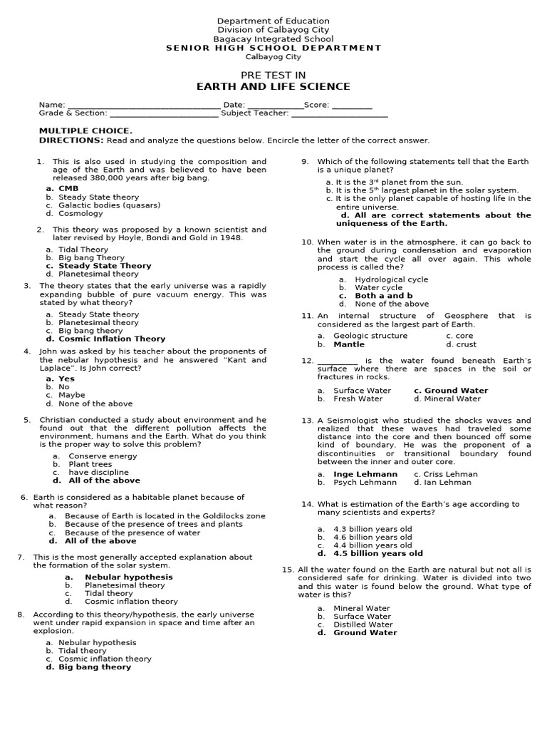 PRE TEST ANSWER'S KEY | PDF | Earth | Geology