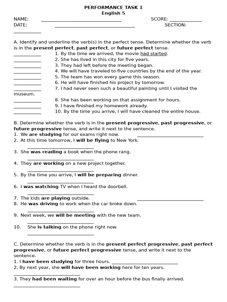 PERFORMANCE TASK 1 - Tenses and Aspects of Verb | PDF | Perfect ...