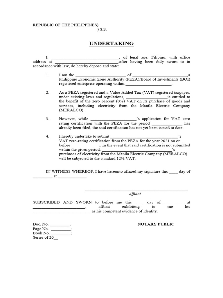 PEZA VAT Zero-Rating Undertaking Form | PDF | Value Added Tax | Affidavit