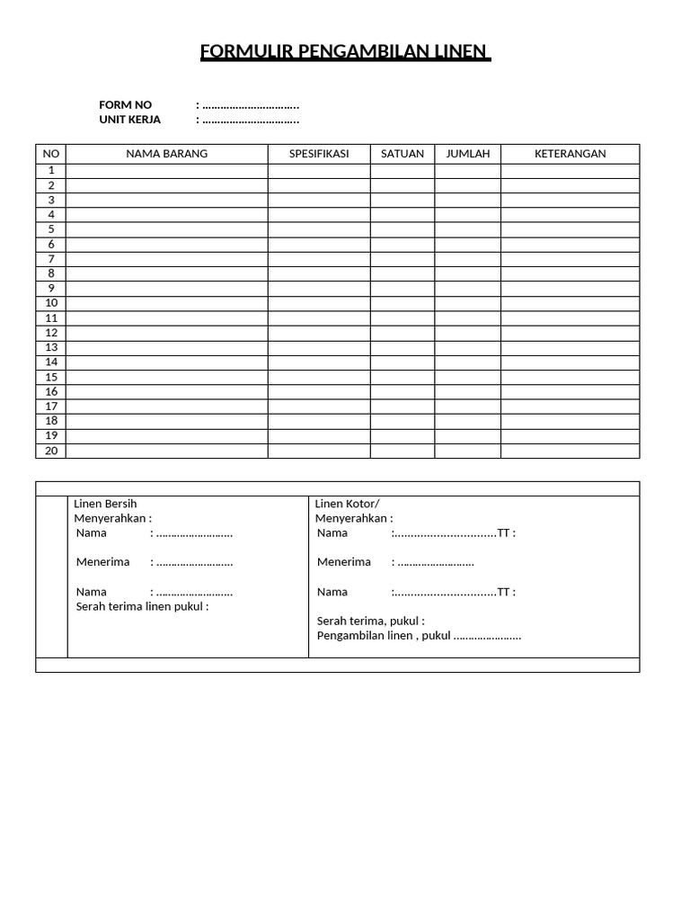 Formulir Pengambilan Linen | PDF