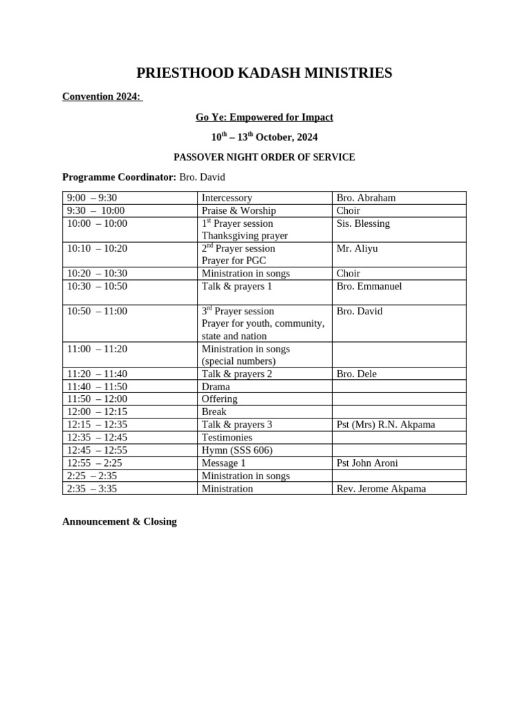 Convention Passover Night Programme | PDF | Social Science | Religion ...