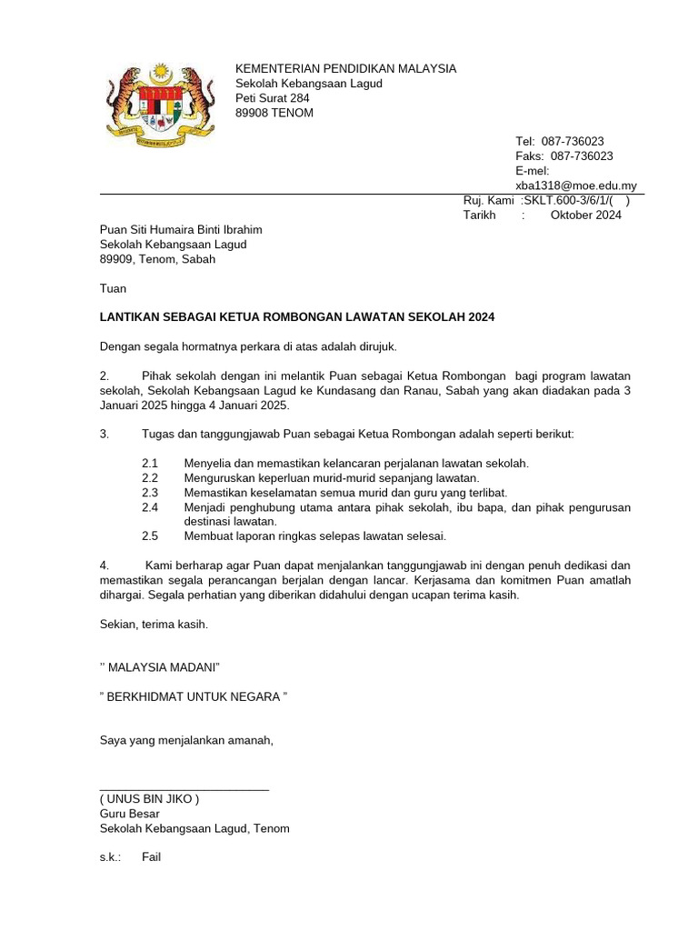 Surat Lantikan Ketua Rombongan Lawatan | PDF