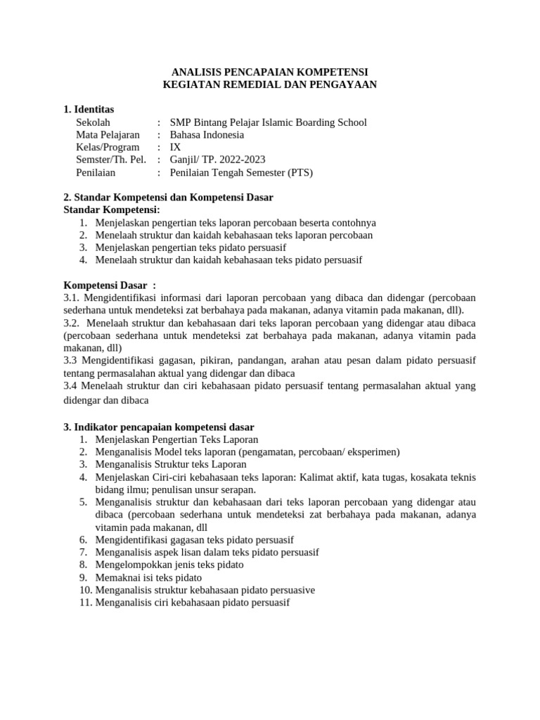Analisis Kompetensi BINDO Kelas 9 | PDF