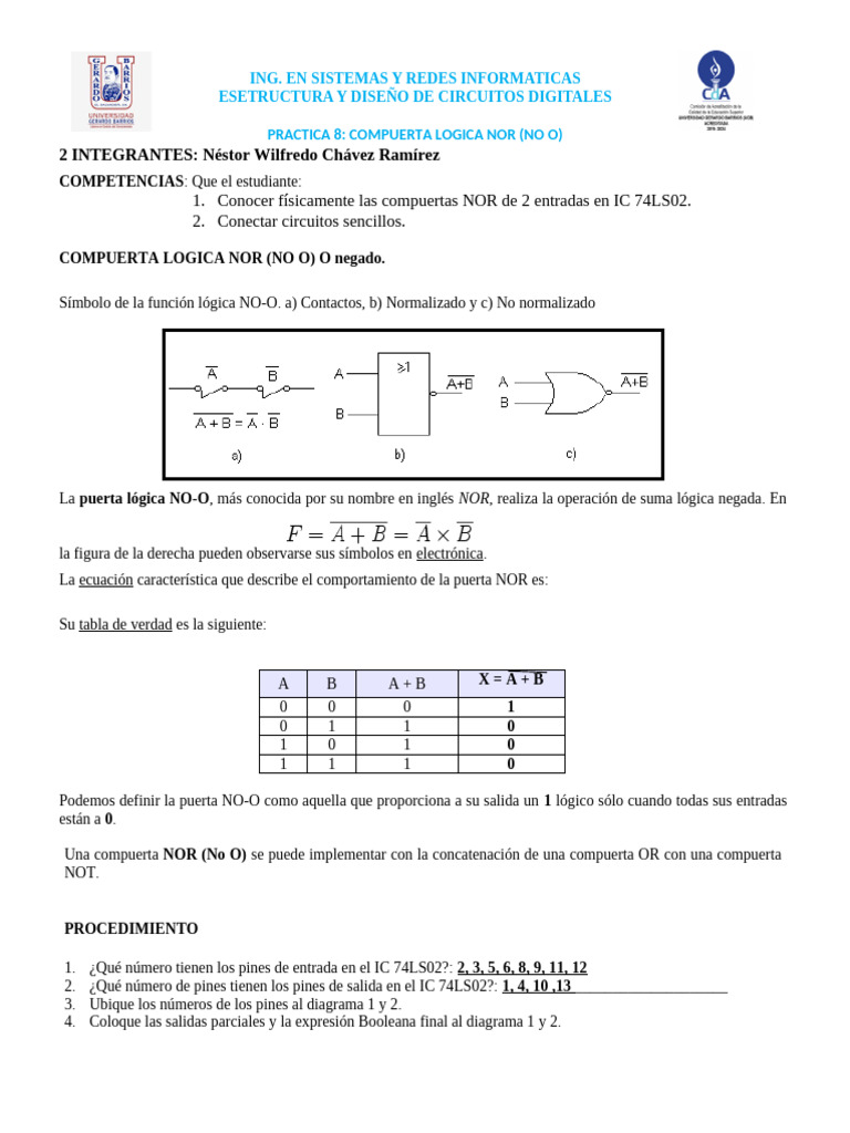 PRACTICA 8 PUERTA NOR | PDF | Puerta lógica | Electrónica digital