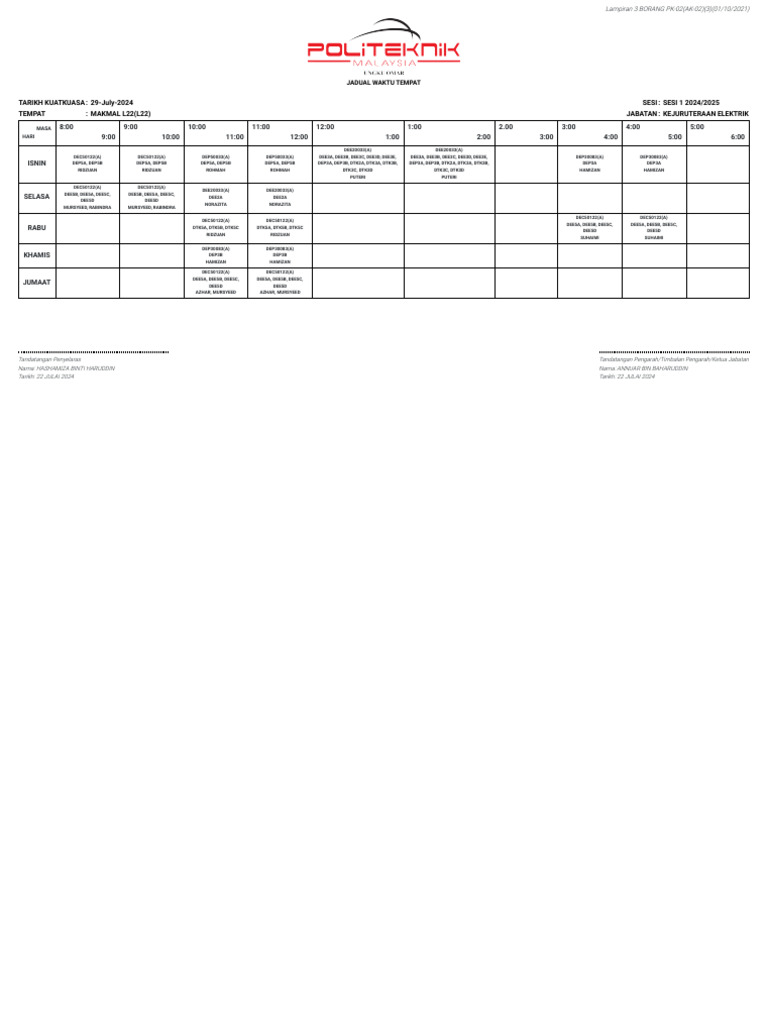 Jadual Tempat L22 | PDF