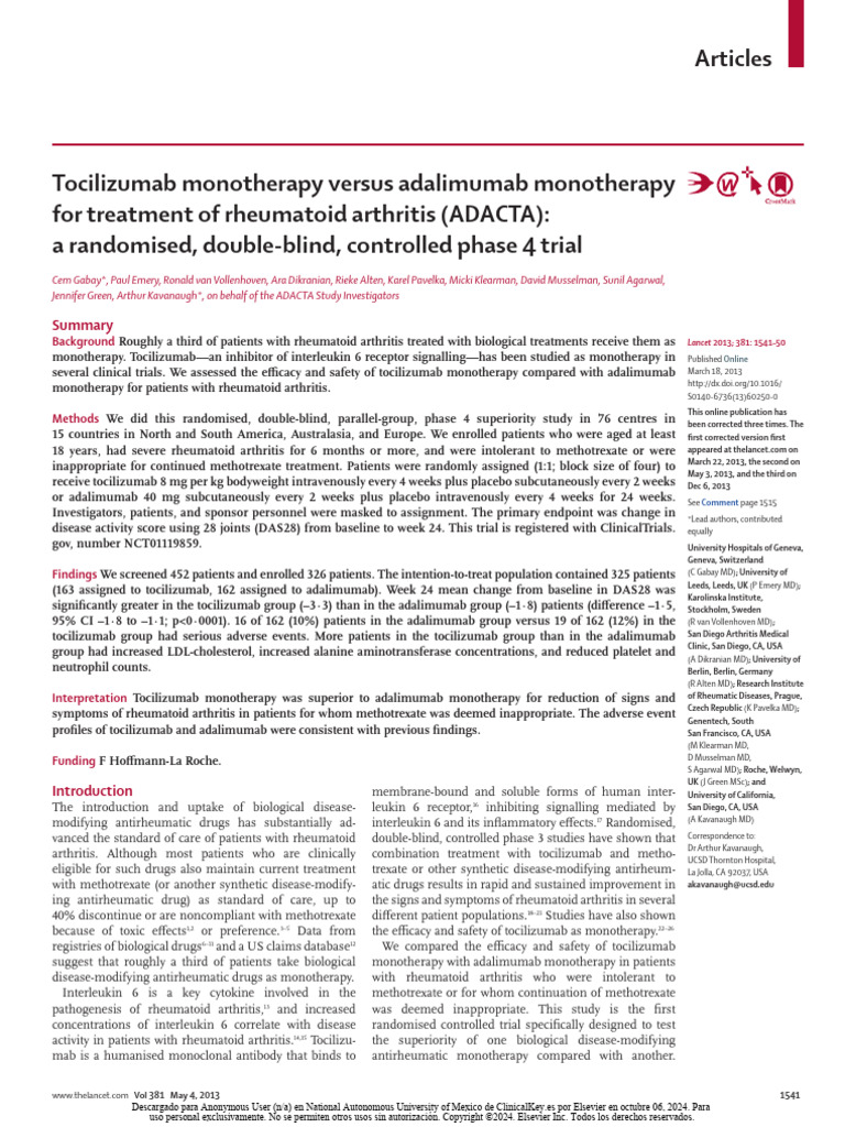 Tocilizumab vs Adalimumab in RA Trial | PDF | Rheumatoid Arthritis ...