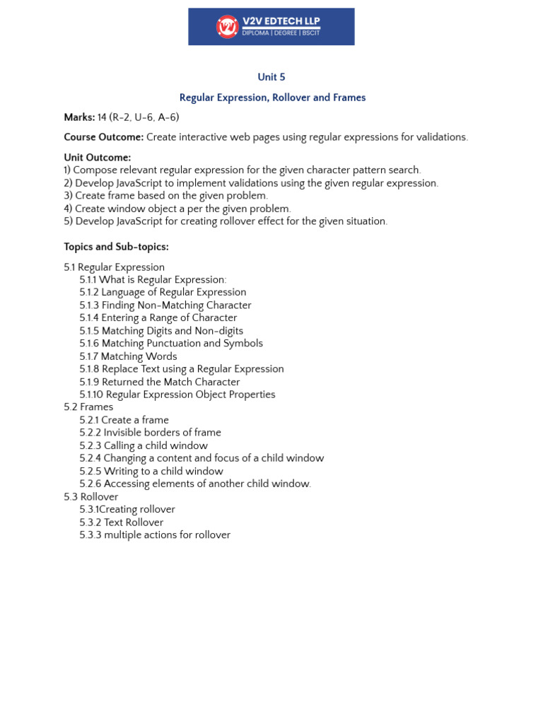 Unit 5 Regular Expression, Rollover, Frame | PDF | Regular Expression | Html Element