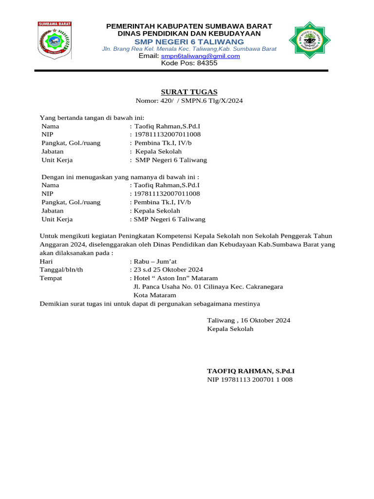 Surat Tugas Kepala Sekolah 2024 | PDF