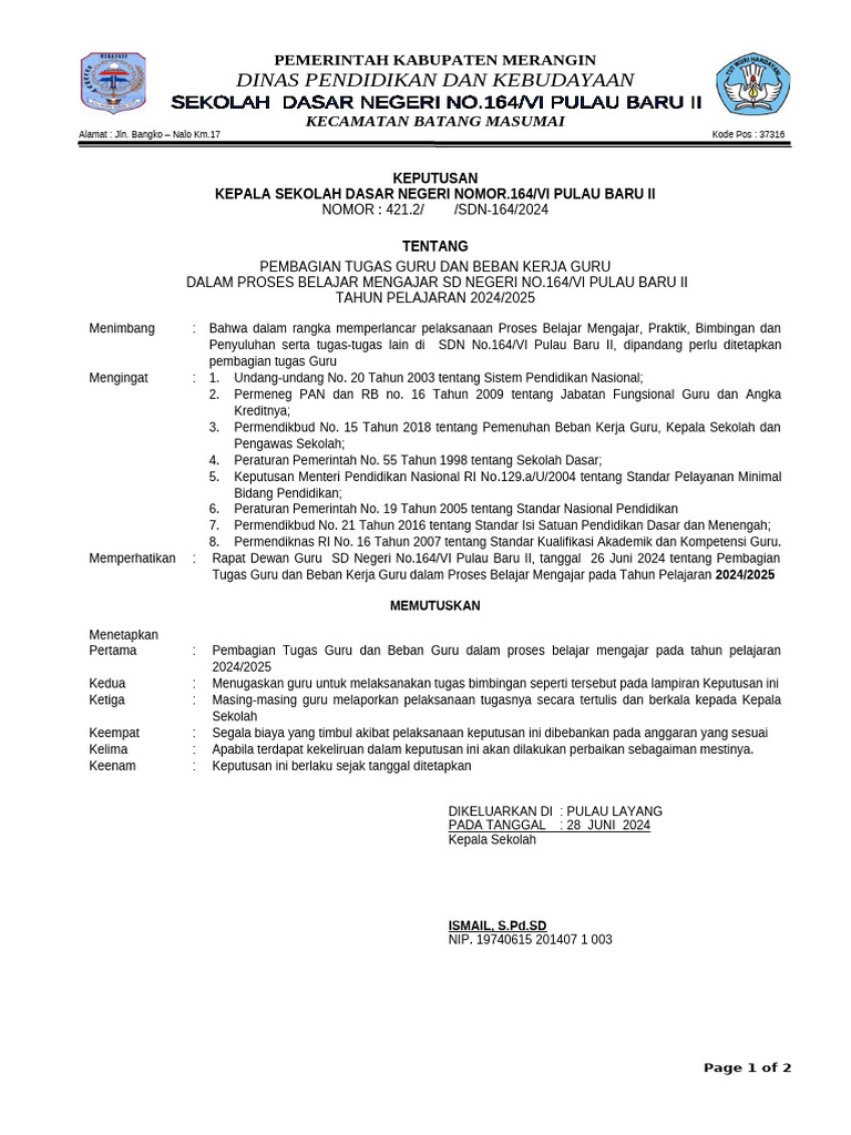 SK Pembagian Tugas 2024-2025 | PDF