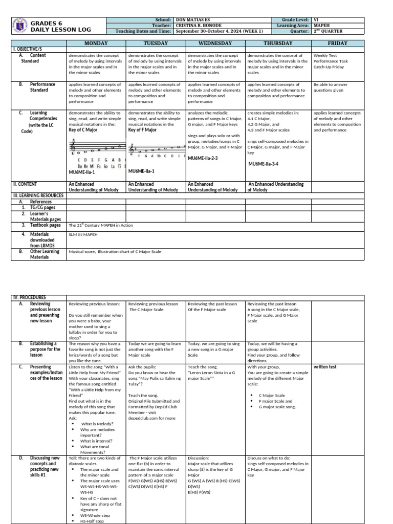 DLL - Mapeh 6 - Q2 - W1 | PDF | Scale (Music) | Interval (Music)