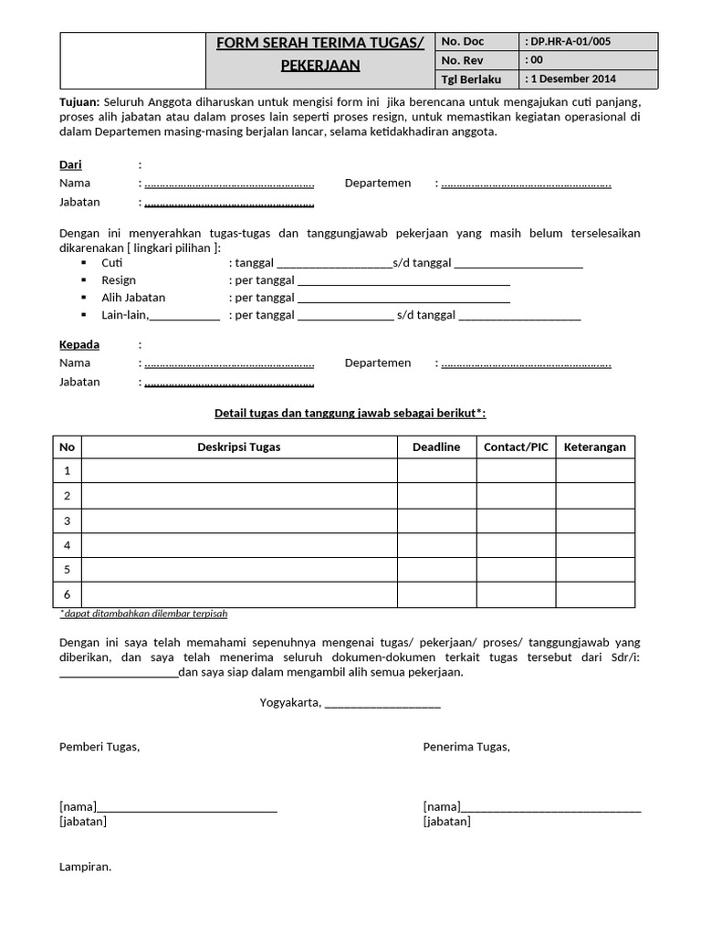 HRD Form Serah Terima Pekerjaan | PDF