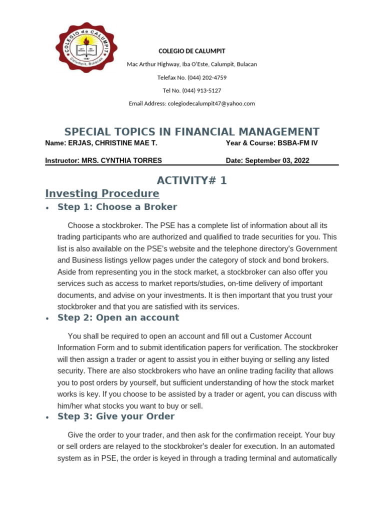 Bsba FM Iv - Erjas (Act#1) | PDF | Stocks | Taxes