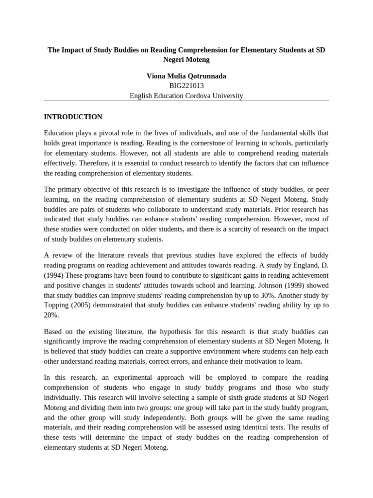 The Impact of Study Buddies on Reading Comprehension for Elementary Students at SD Negeri Moteng ...