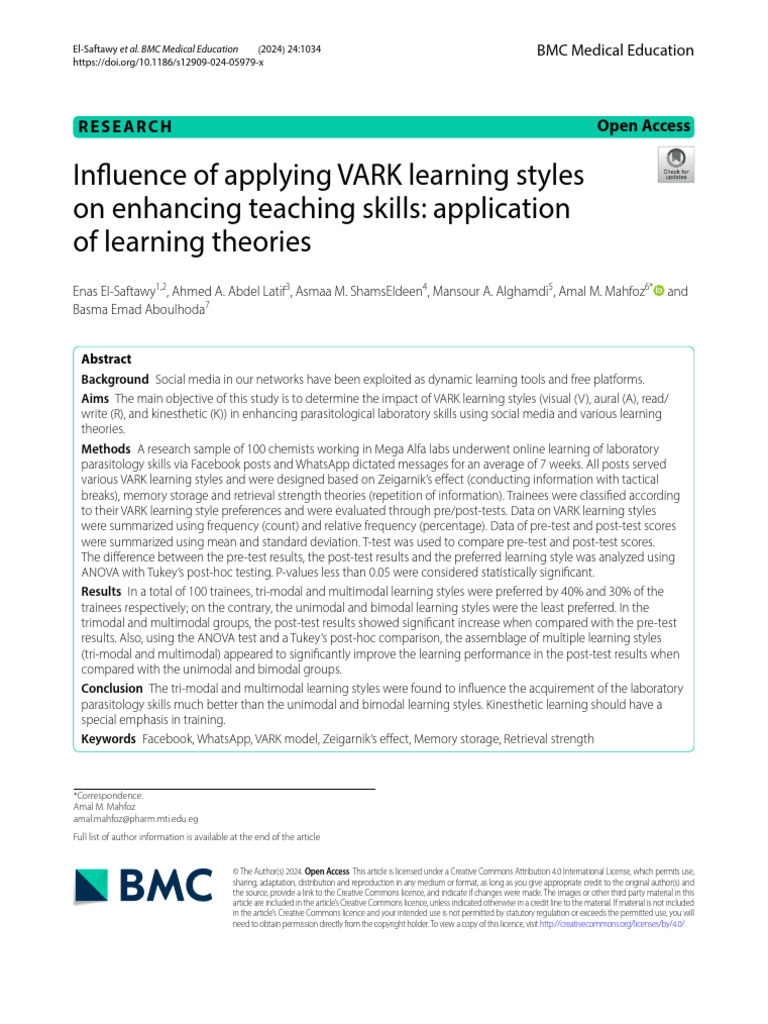 Influence of Applying VARK Learning Styles On Enhancing Teaching Skills ...