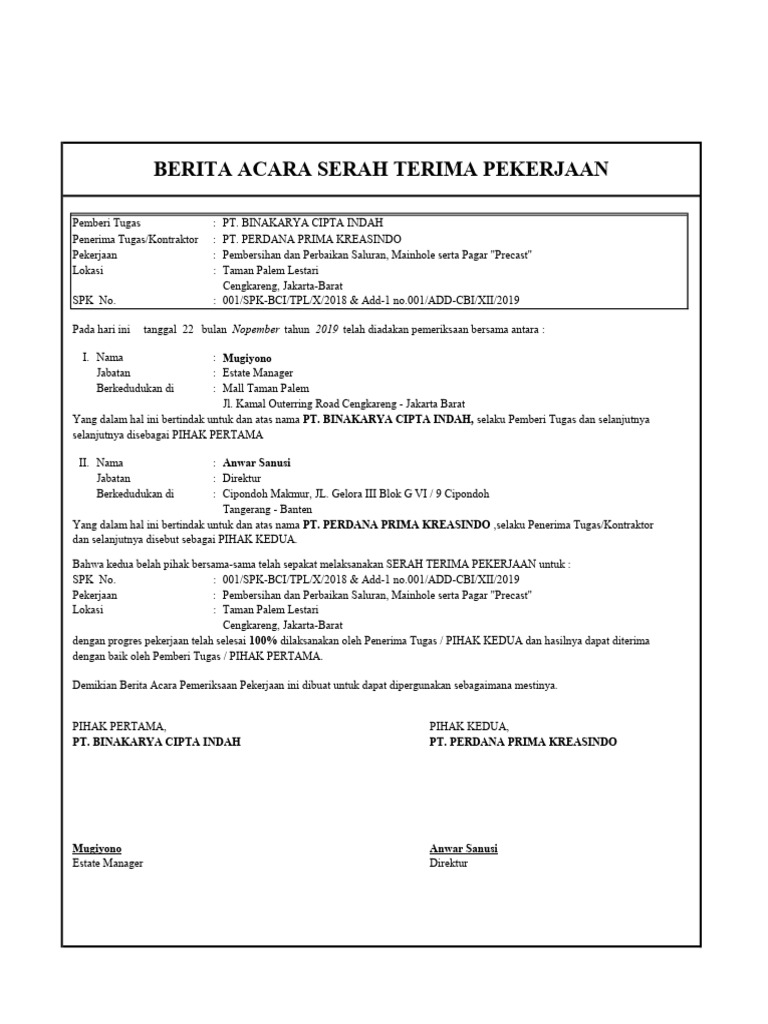 BAST (Berita Acara Serah Terima Pekerjaan) | PDF