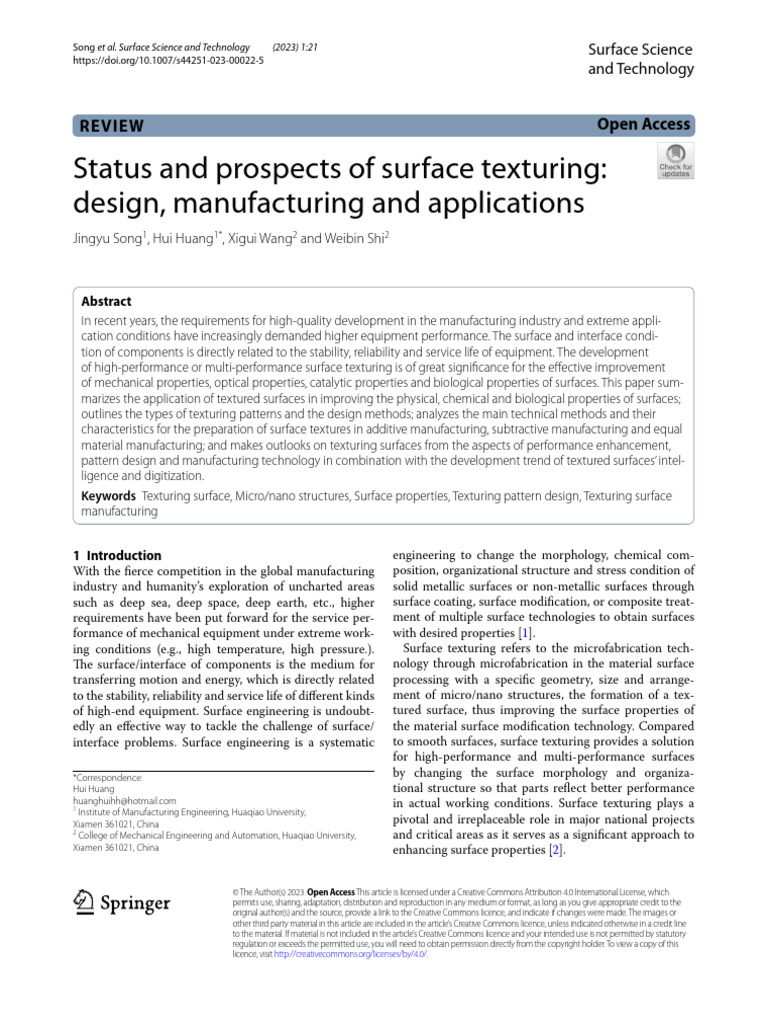 Status and Prospects of Surface Texturing Design, Manufacturing and Applications | PDF | Wear ...
