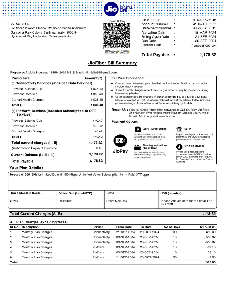 Jio Fiber Bill Summary - September 2024 | PDF | Payments | Banks