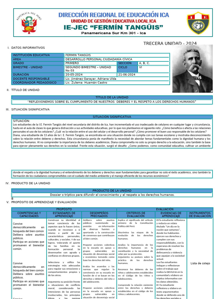 UNIDAD DE APRENDIZAJE N DPCC 3ro 2024 | PDF | Evaluación | Aprendizaje