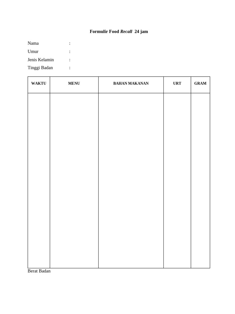 Formulir Food Recall 24 Jam | PDF