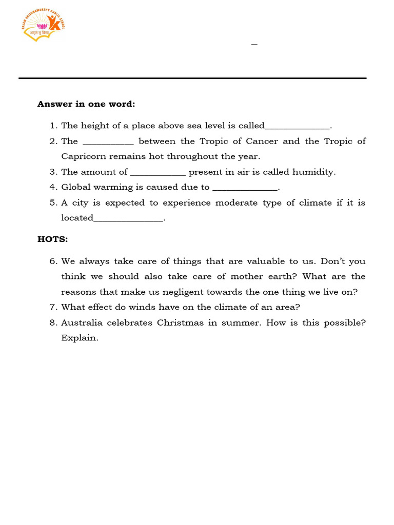 Class VI Social Studies Worksheet | PDF