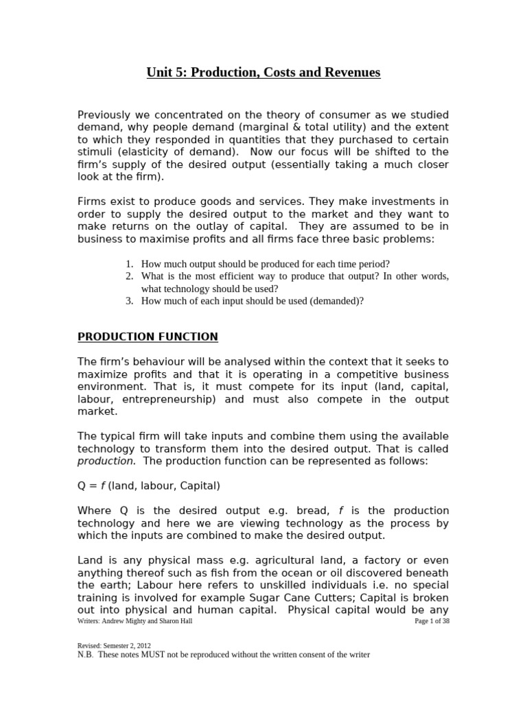 Notes - Production, Cost & Revenue Functions - Revised 2017 | PDF ...