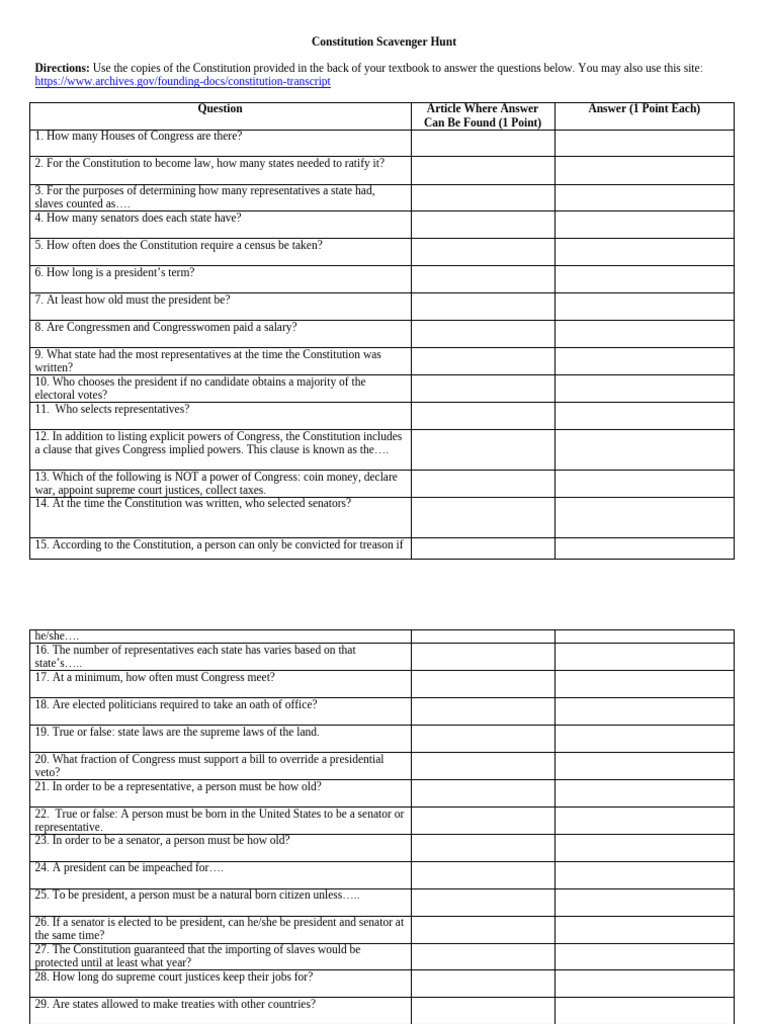 Constitution Scavenger Hunt Guide | PDF | American Government | United ...