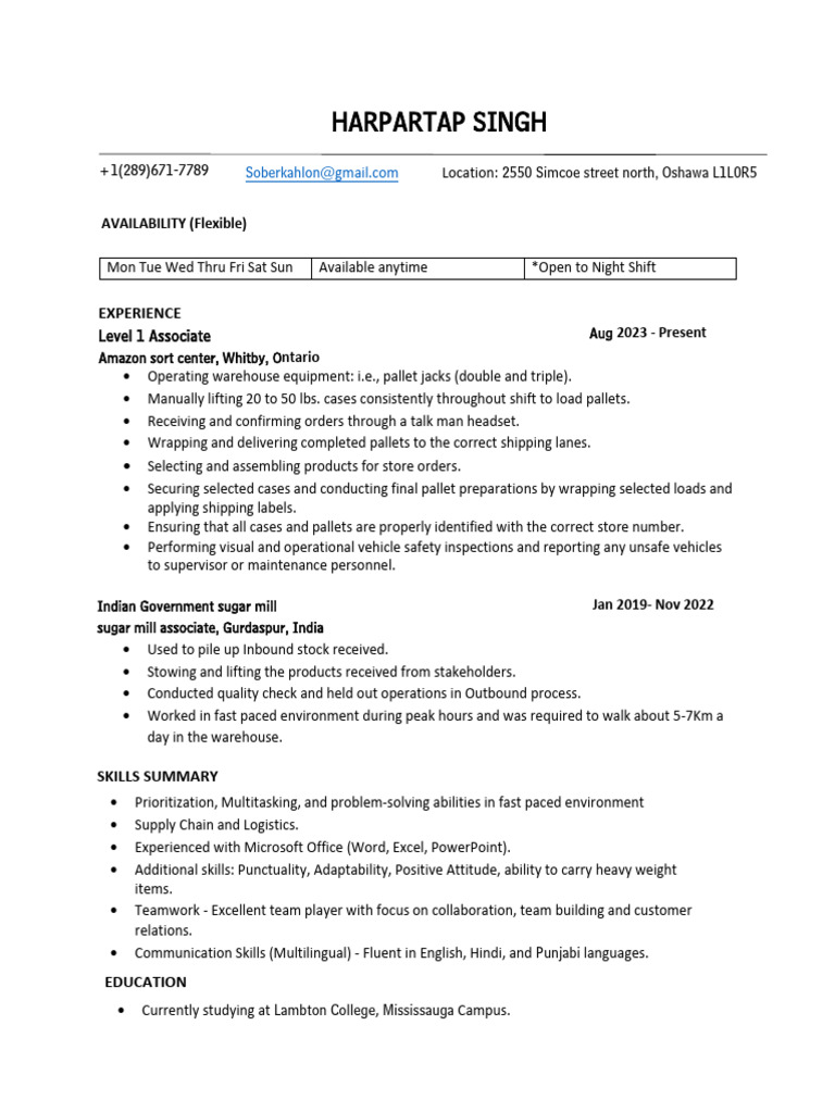 Warehouse Associate Resume - Harpartap Singh | PDF