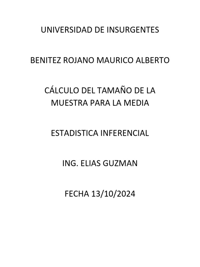 BENITEZ MAURICIO CALCULO INTERVALO DE CONFIANZA | PDF BENITEZ MAURICIO CALCULO INTERVALO DE CONFIANZA | PDF