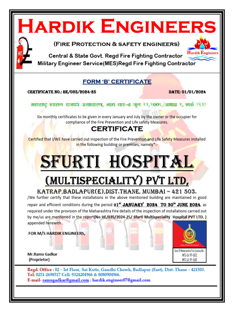 Fire Safety Inspection Certificate | PDF