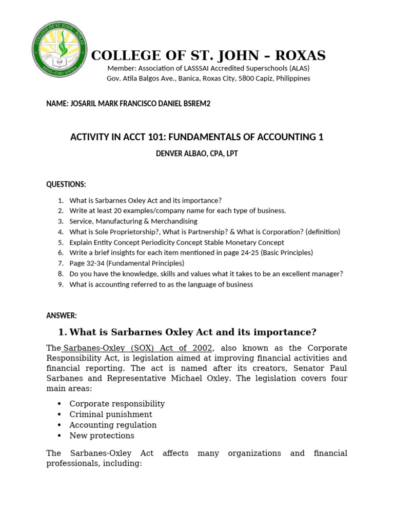 Activity In Acct 101 Fundamentals Of Accounting 1 Pdf Partnership