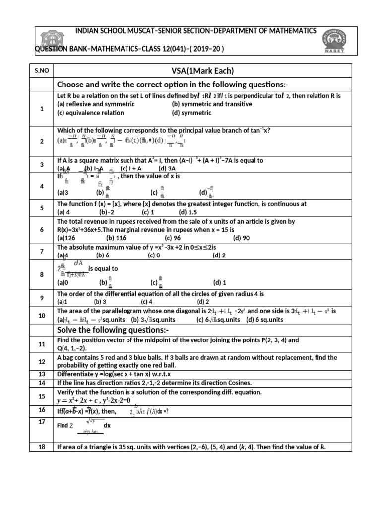 Question Bank - Class-12 Mathematics-1 | PDF | Function (Mathematics ...