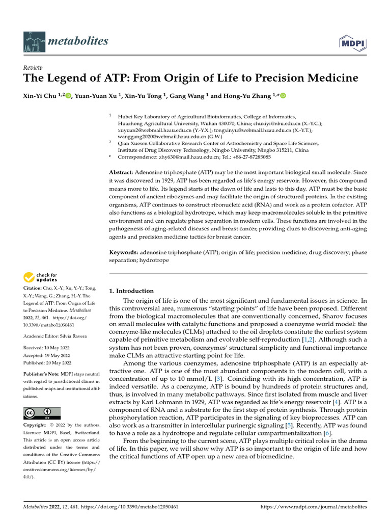 The Legend of ATP: From Origin of Life To Precision Medicine | PDF ...